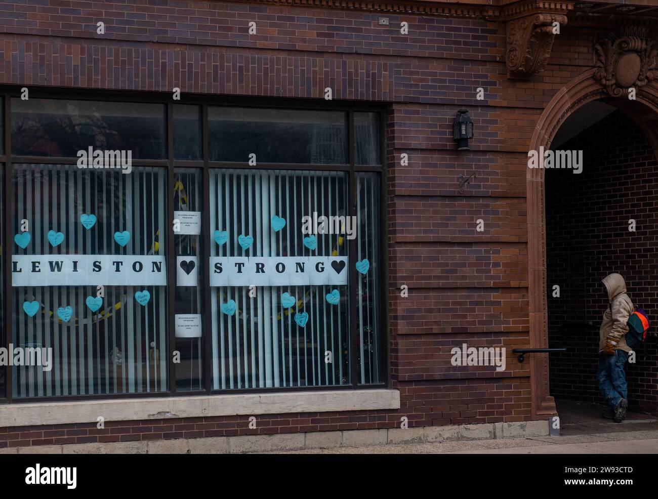 USA. 23rd Dec, 2023. A Lewiston strong banner is seen in Lewiston ...