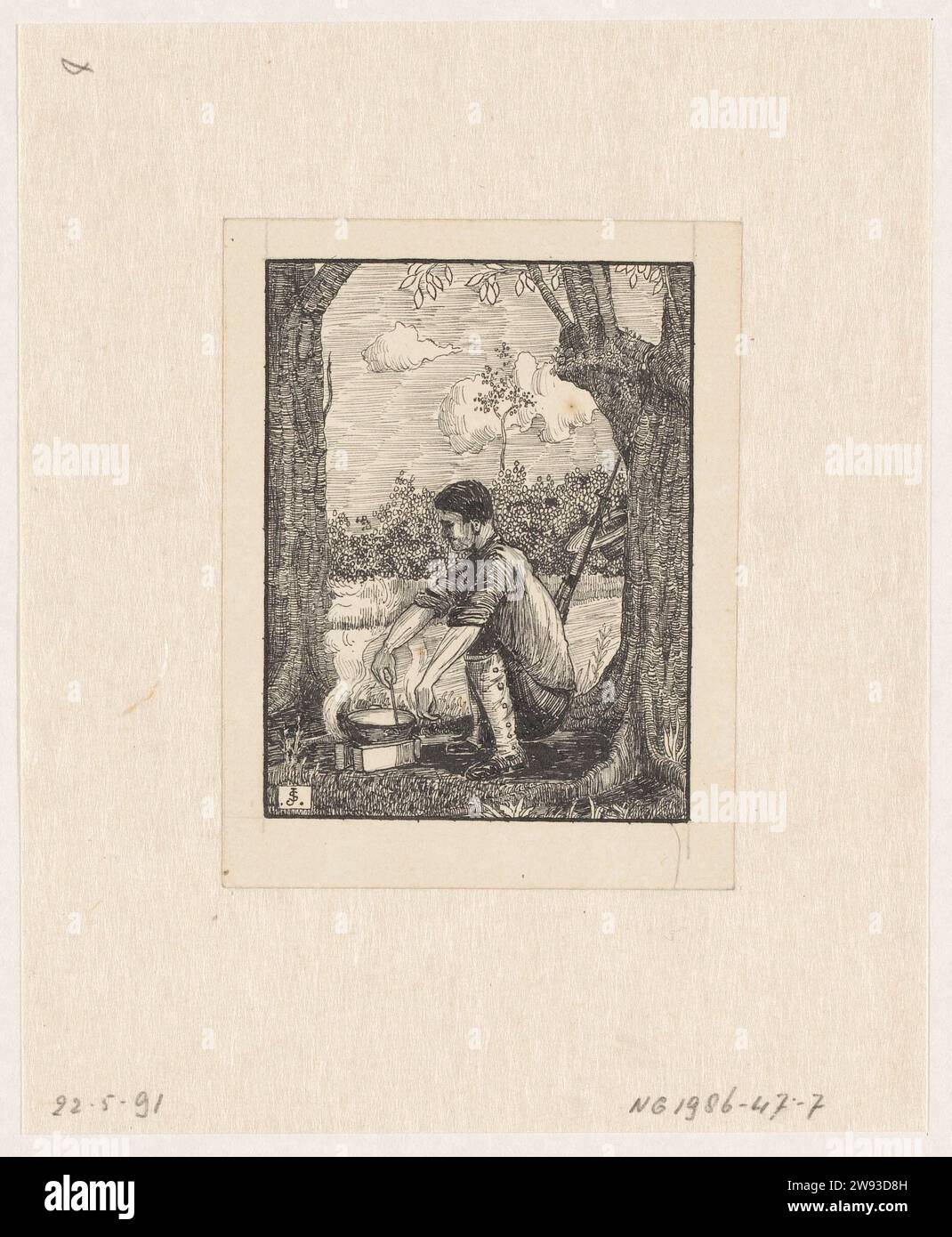 Boiling soldier, Johan Gerard Sinia, 1900 - 1910 drawing Soldier, and profil to the left ...