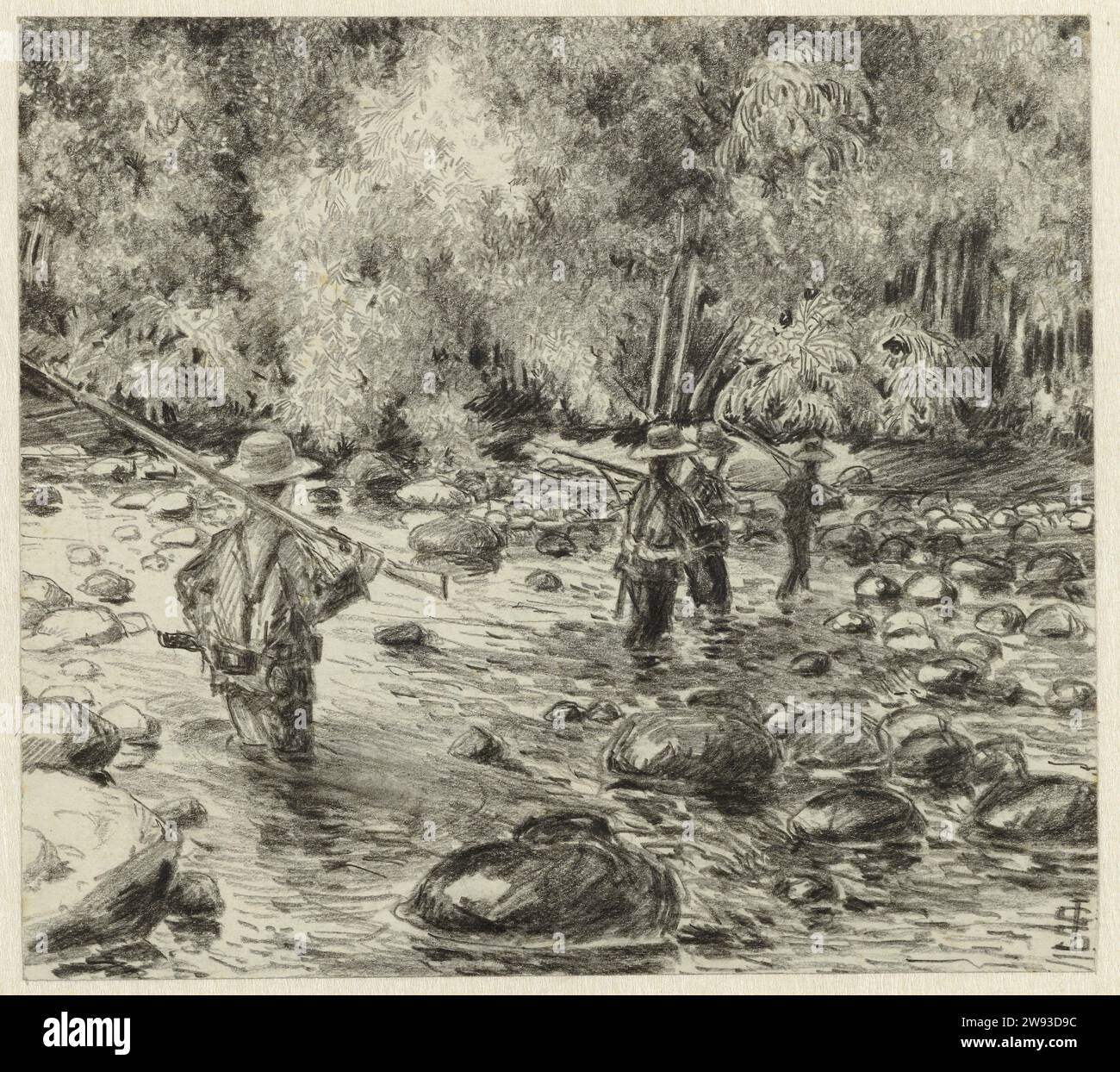 Soldiers Wading through River, Johan Gerard Sinia, 1900 - 1910 drawing ...