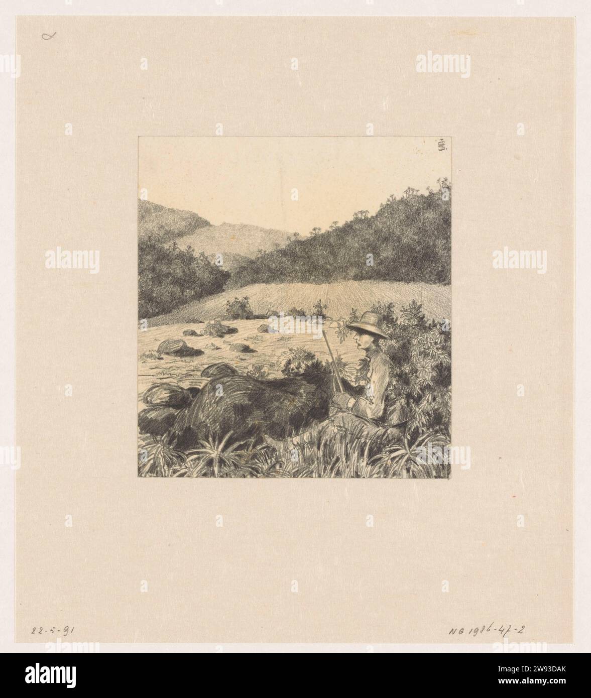 Sitting soldier, Johan Gerard Sinia, 1900 - 1910 drawing Landscape with soldier with head to the ...