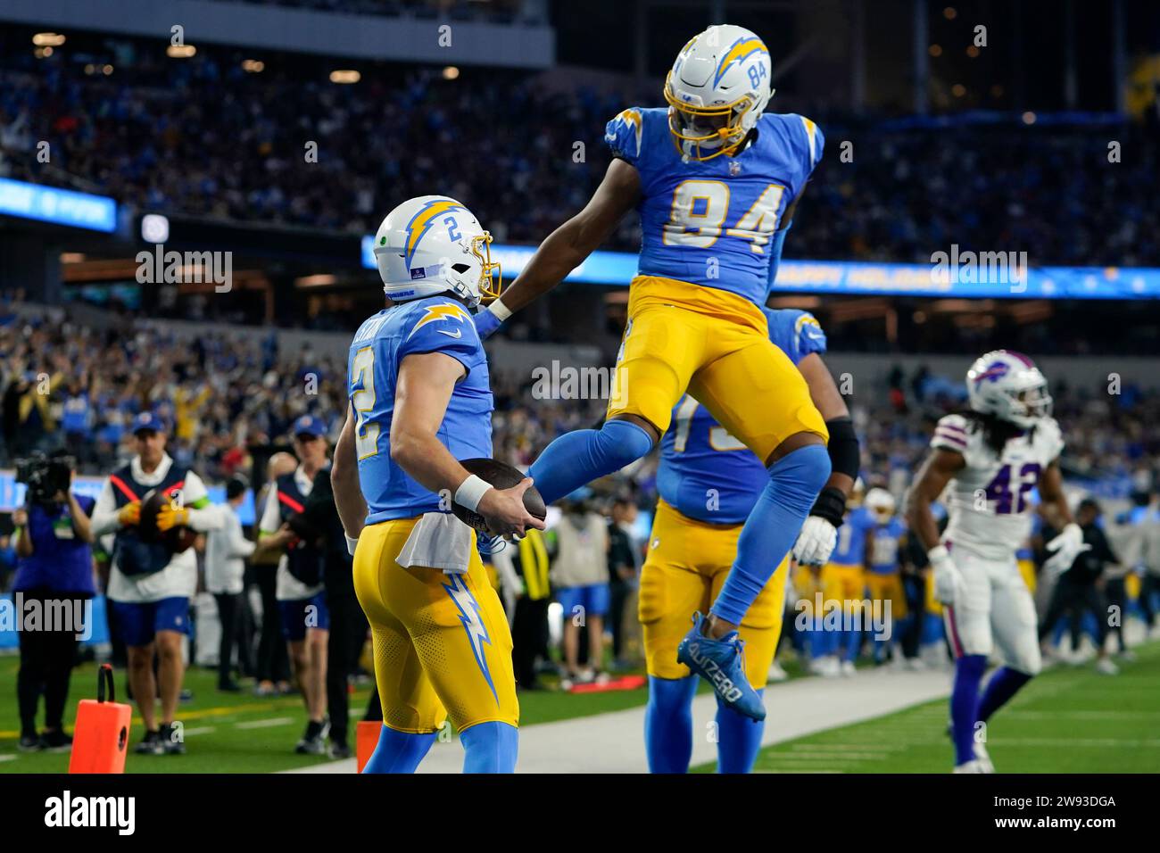 Los Angeles Chargers quarterback Easton Stick (2) celebrates his ...