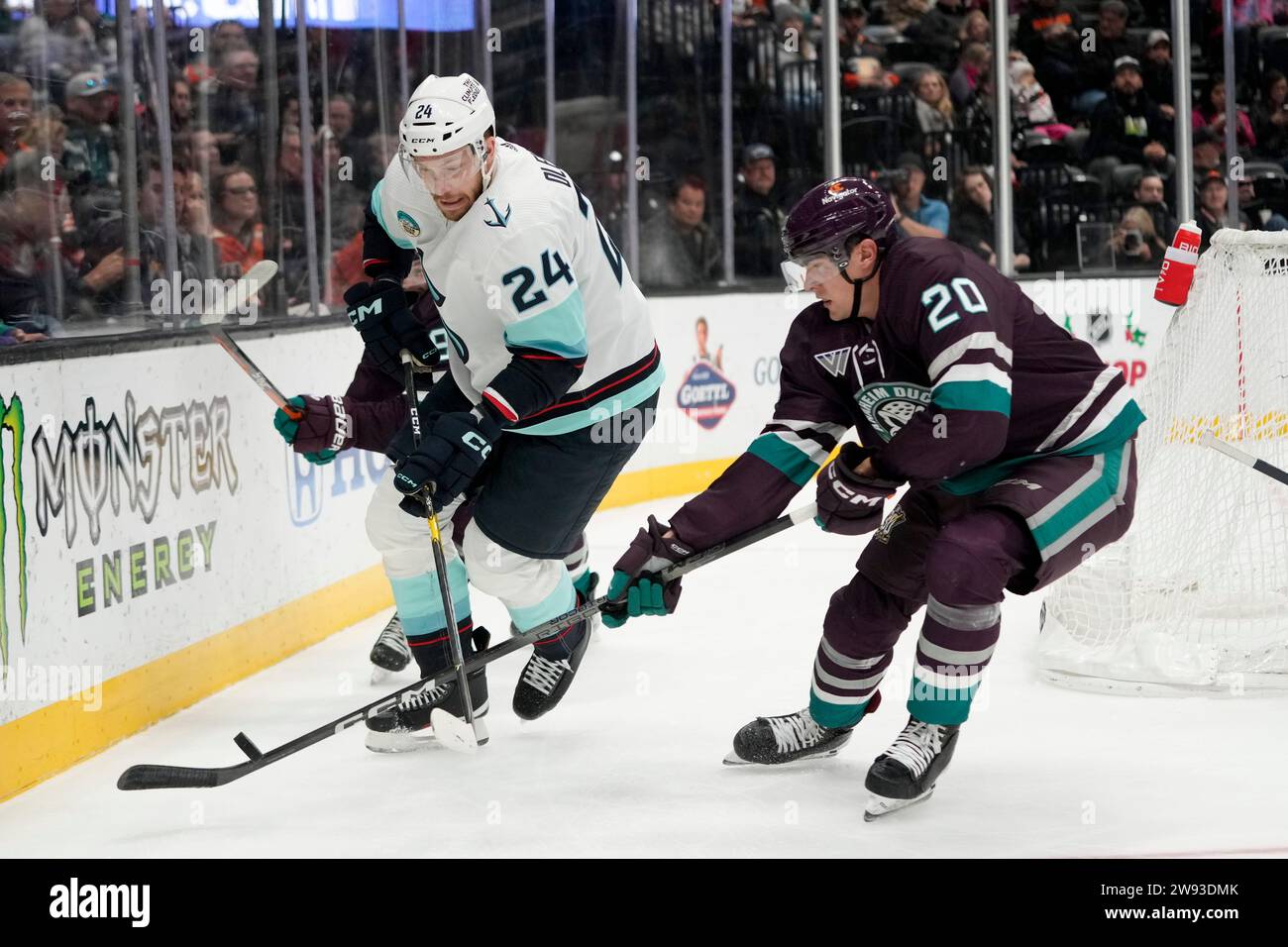 Seattle Kraken defenseman Jamie Oleksiak (24) and Anaheim Ducks right ...