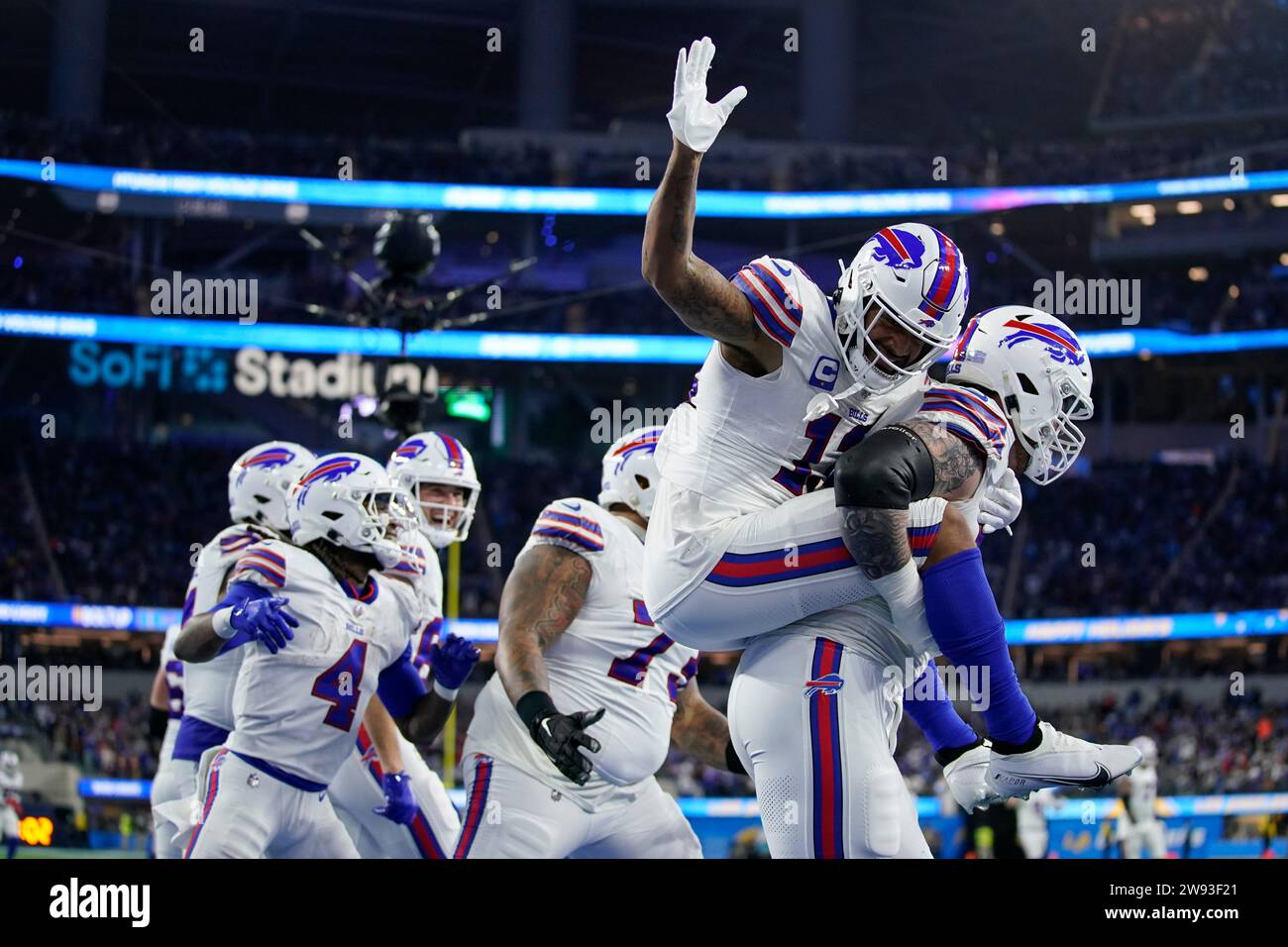 Buffalo Bills wide receiver Gabe Davis (13) is lifted by offensive ...