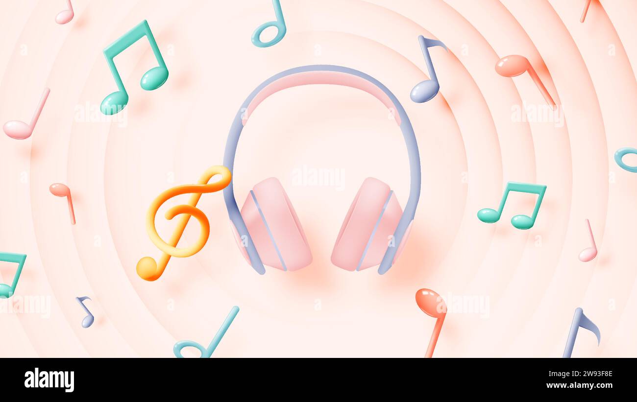 Music notes and headphones with melody or tune 3d realistic vector icon ...