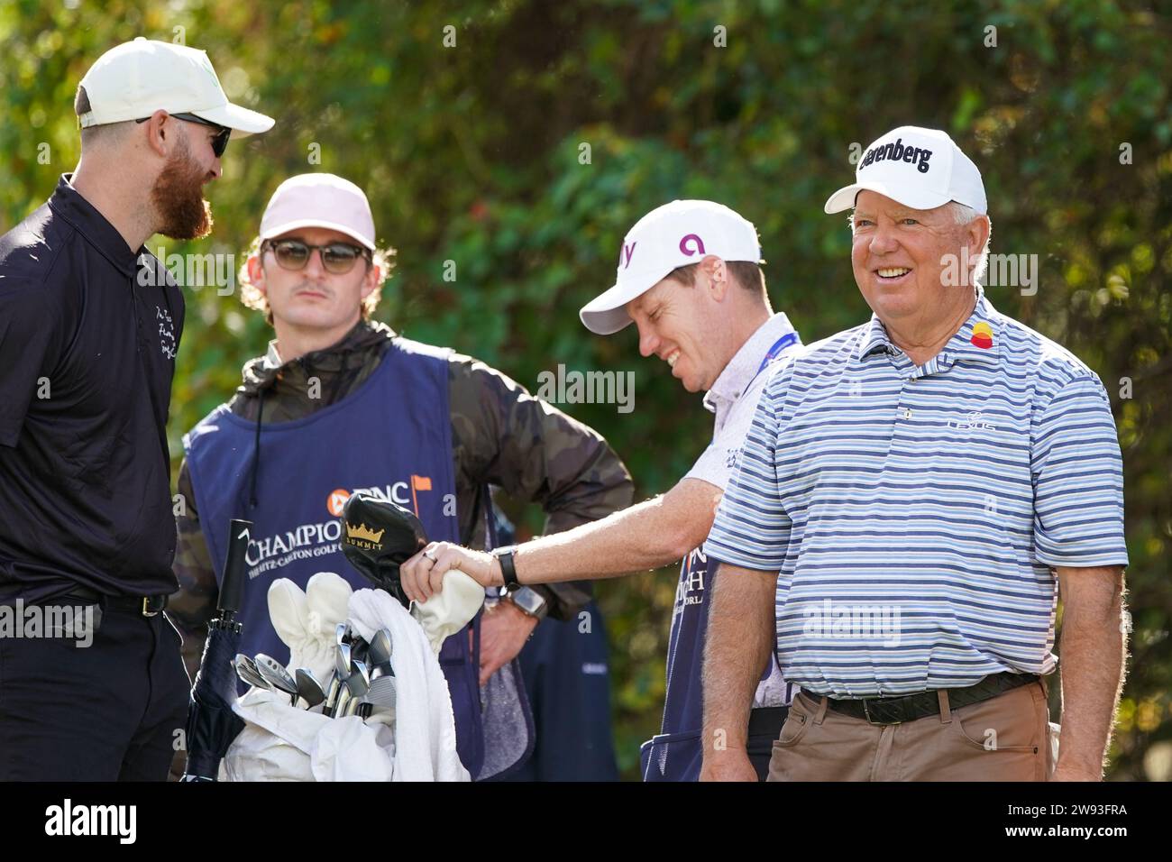 Orlando, Florida, USA. 17th Dec, 2023. Mark O'Meara (R) shares a laugh ...