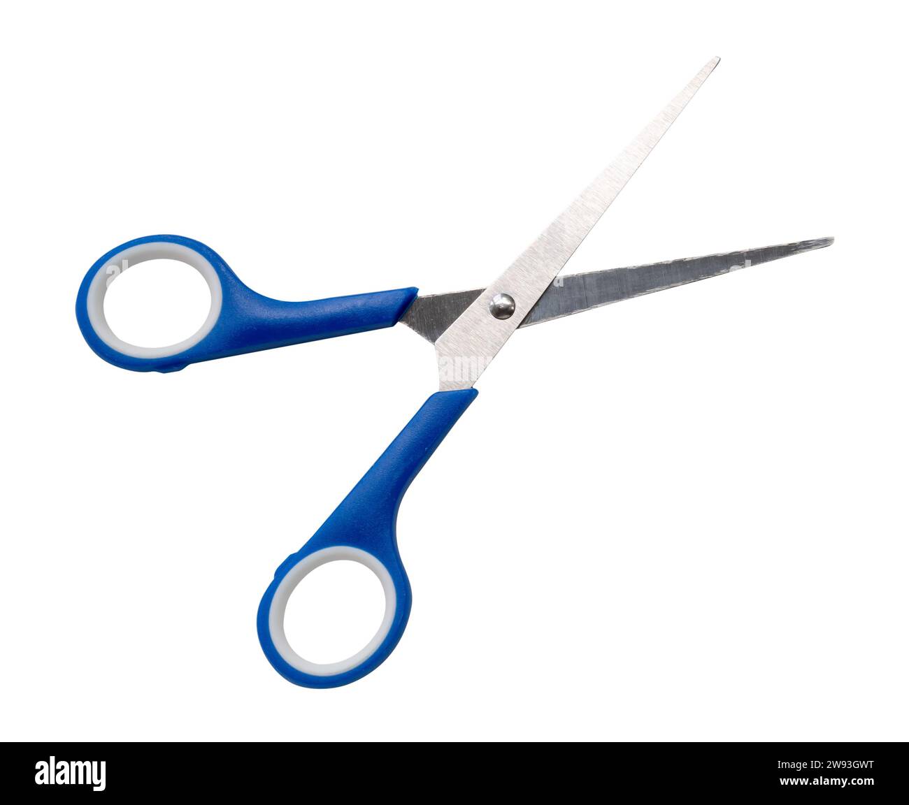 Small multipurpose scissors with blue handle is isolated on white ...