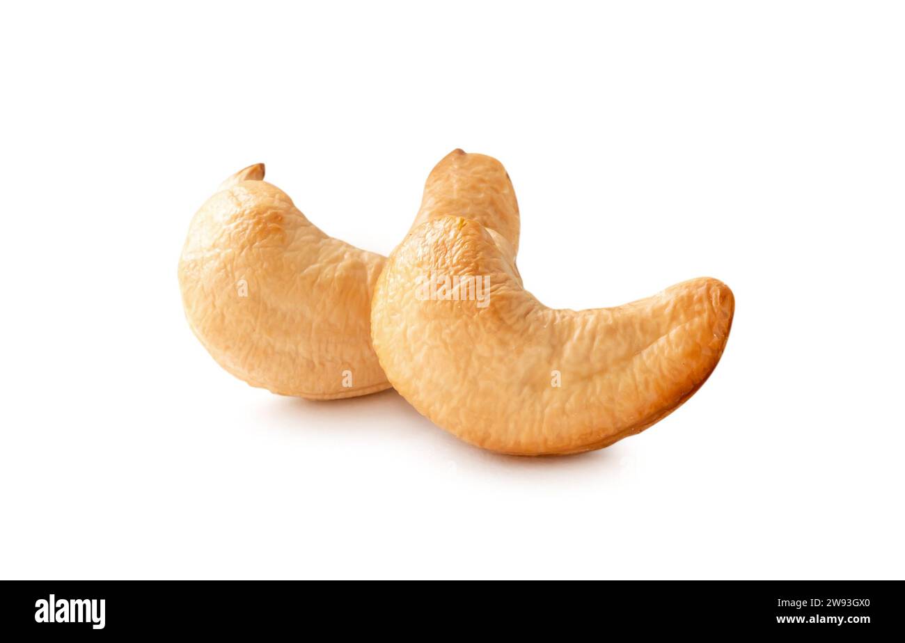 Front view of two Roasted brown cashew nuts in stack is isolated on ...