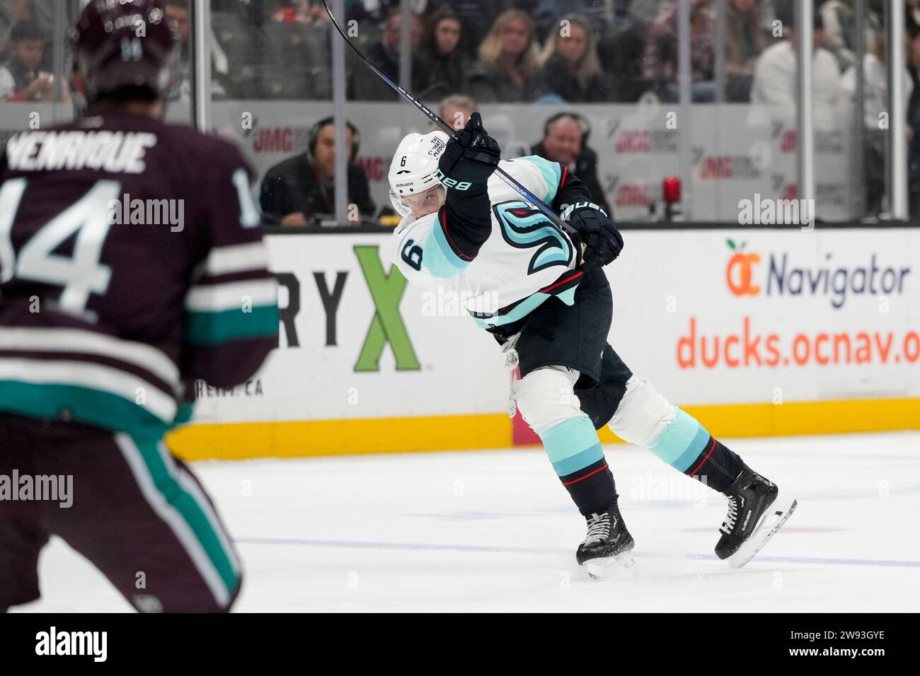 Seattle Kraken defenseman Adam Larsson (6) shoots during the second ...