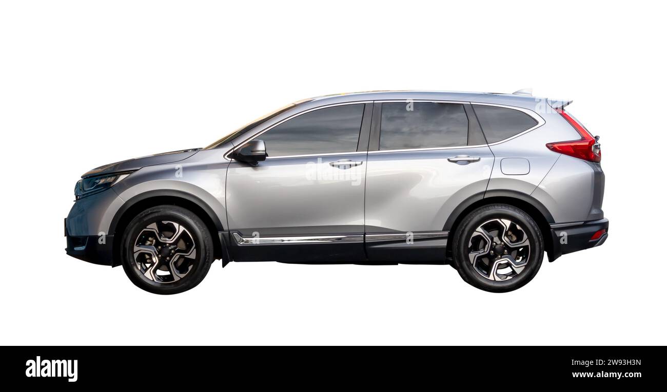 Side view of luxurious gray SUV car is isolated on white background ...
