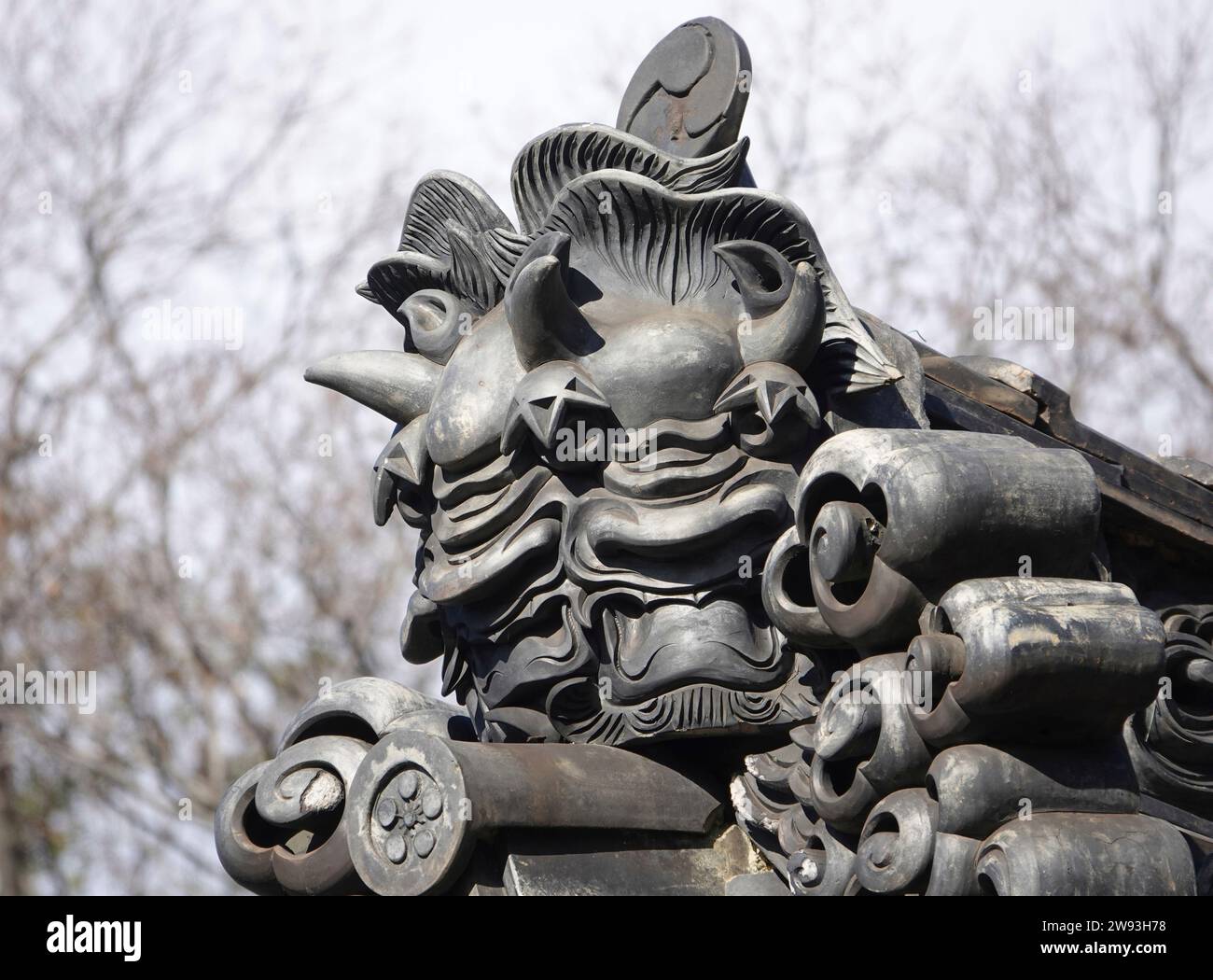 A picture shows Onigawara, Japanese gargoyle roof tile, at Hirohata ...