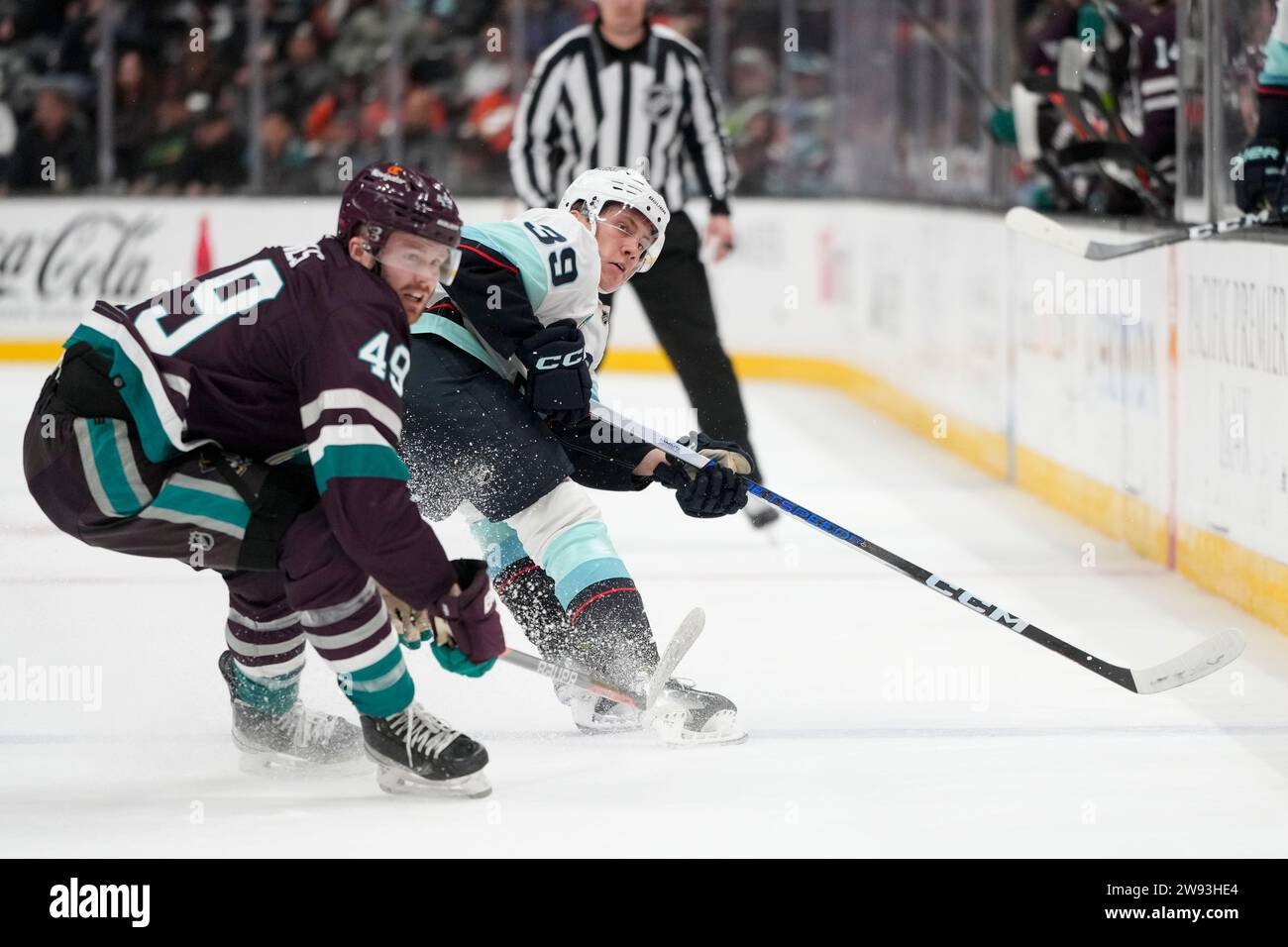 Seattle Kraken defenseman Ryker Evans (39) and Anaheim Ducks left wing ...