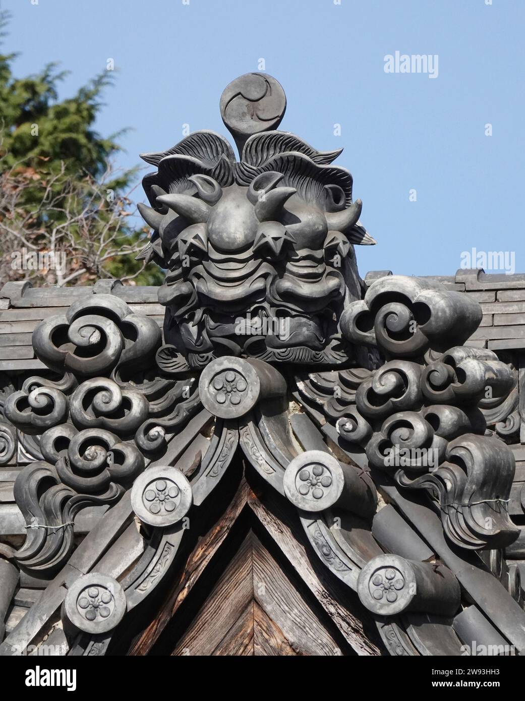 A picture shows Onigawara, Japanese gargoyle roof tile, at Hirohata ...