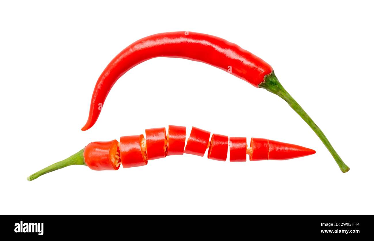 Top view and flat lay of fresh red chili peppers is isolated on white ...