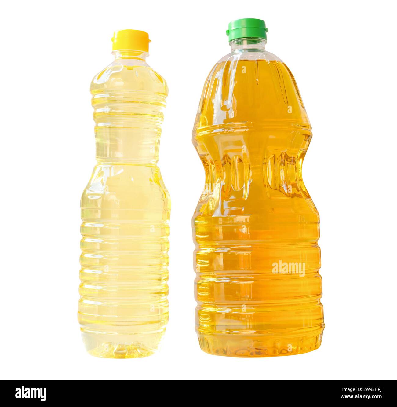 Two bottle of vegetable oils in set are isolated on white background ...