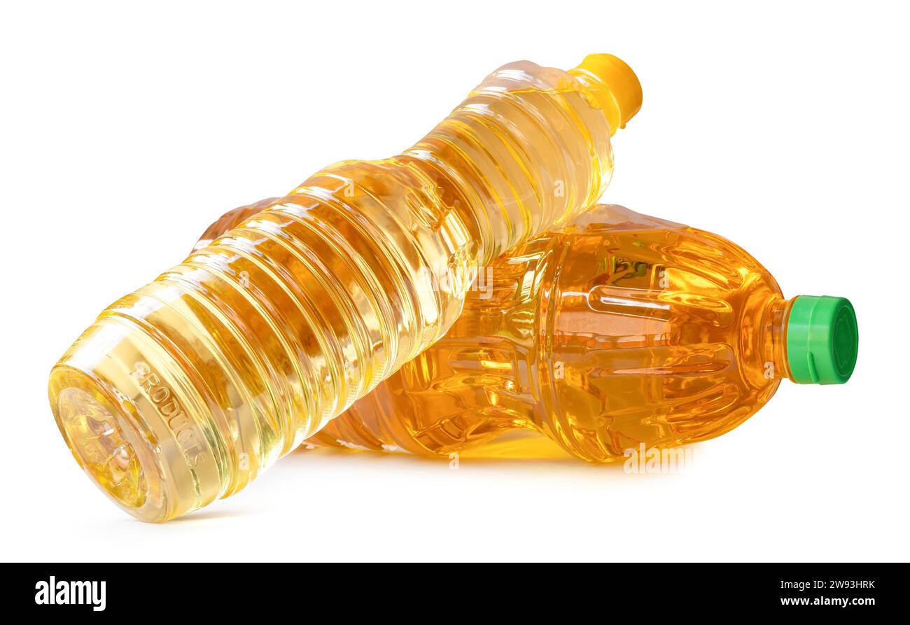 Two bottle of vegetable oils in stack are isolated on white background ...