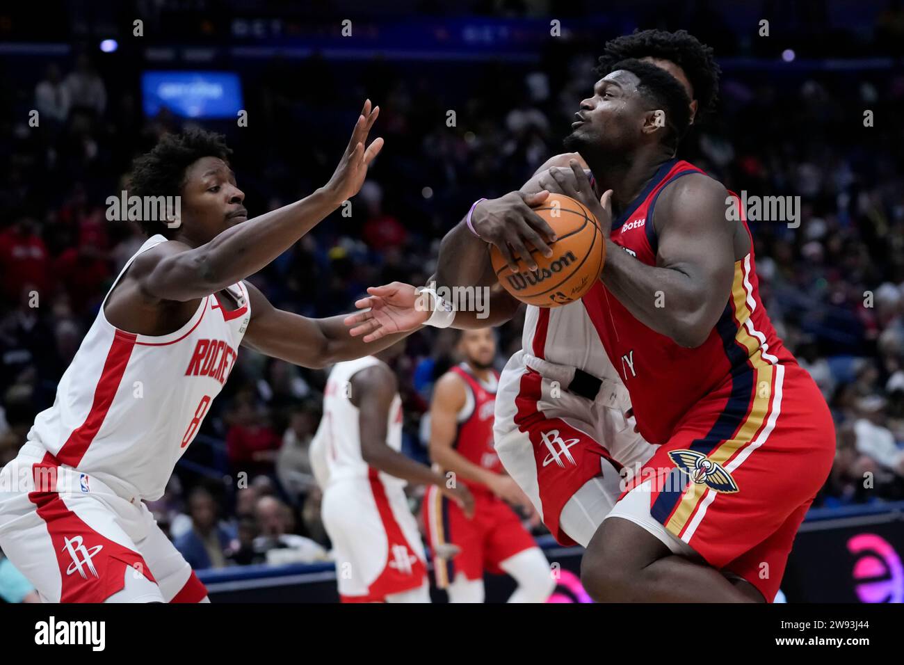 New Orleans Pelicans forward Zion Williamson tries to maintain control ...