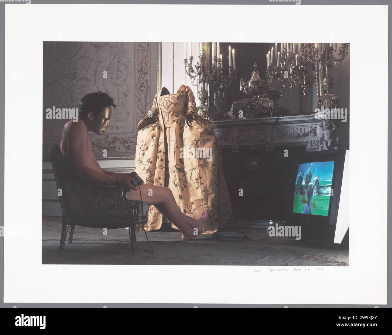Silk dress for a marble fireplace and a sitting masked young man ...