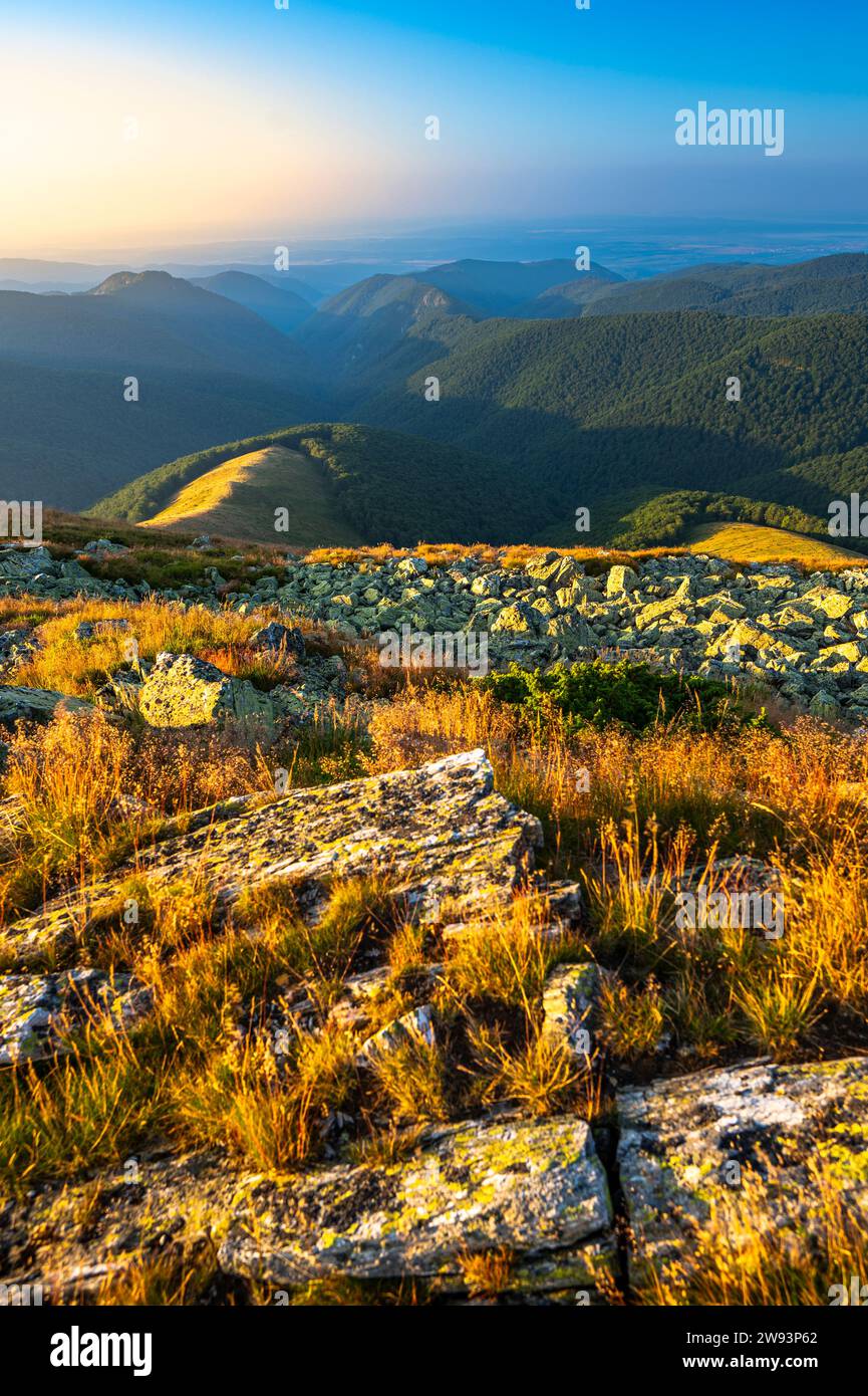 Beautiful mountain landscape at sunrise. The Defileul Jiului National ...