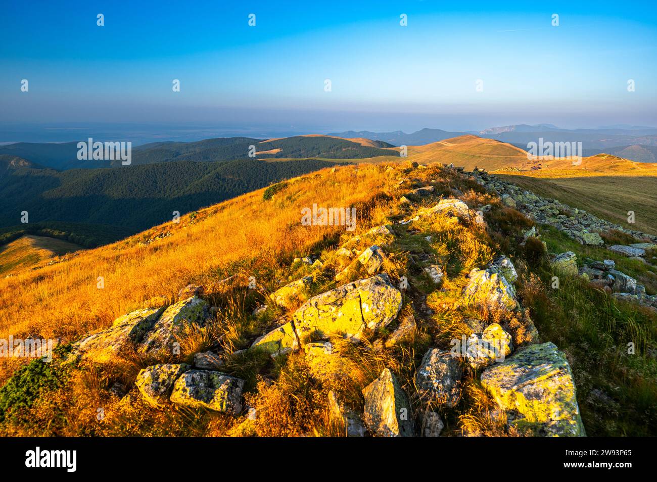 Beautiful mountain landscape at sunrise. The Defileul Jiului National ...