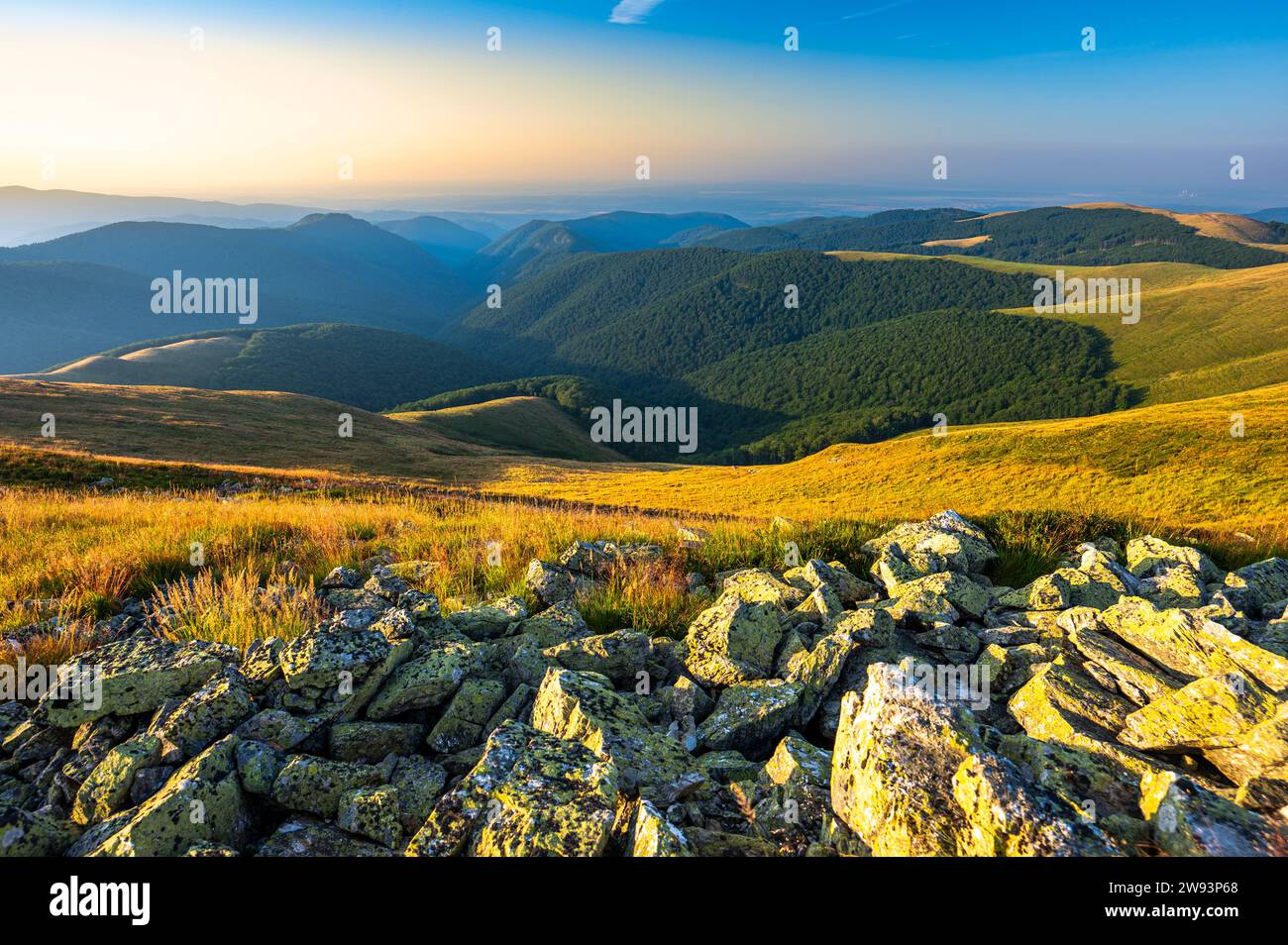 Beautiful mountain landscape at sunrise. The Defileul Jiului National ...