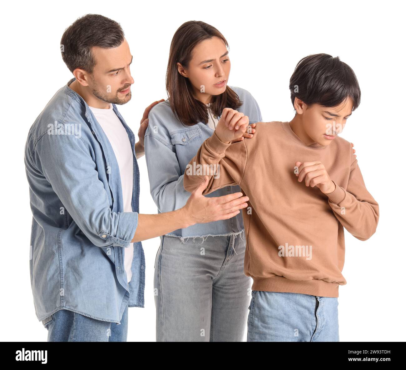 Stressed teenage boy with his parents on white background. Family ...