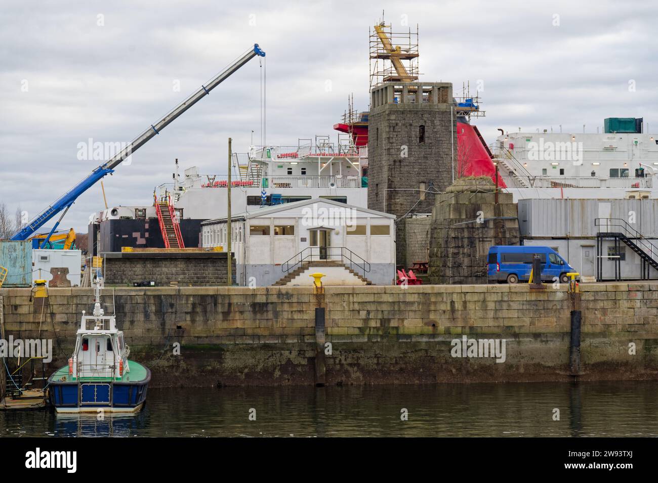 Shipbuilding and crane during ferry construction surrounded by scaffold ...