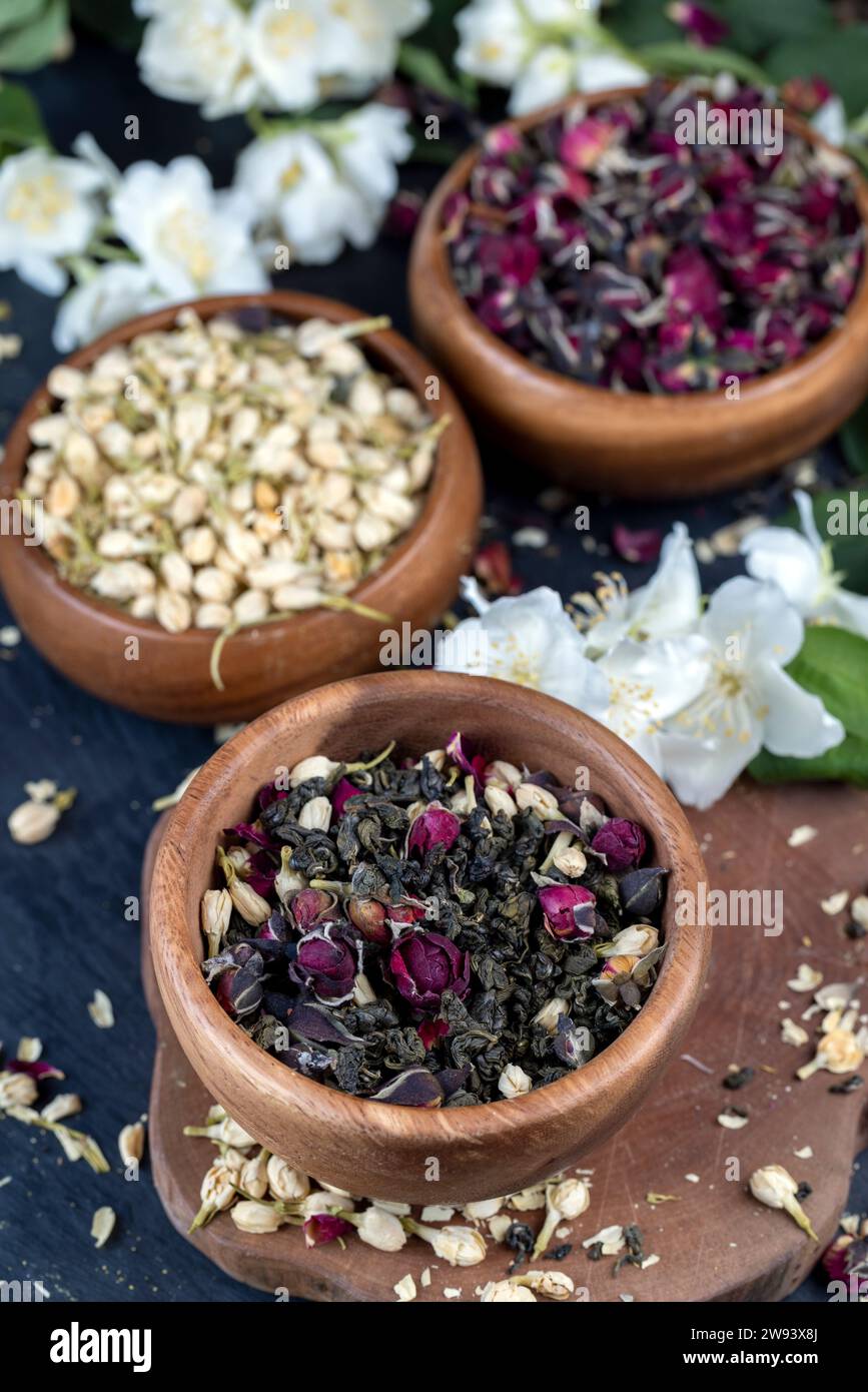 dried rose flowers to dried tea leaves, ready for making green tea ...