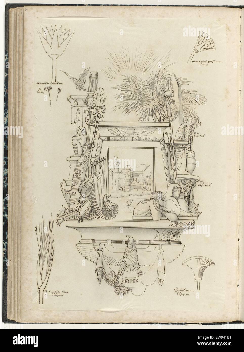 Frame with Egyptian objects, c. 1866 - c. 1900 drawing Papyrus plants ...