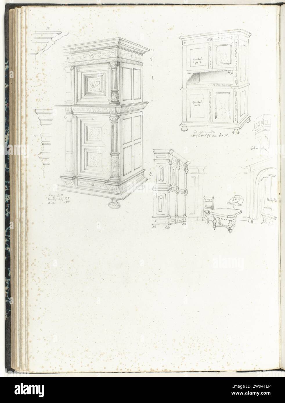 Two capitals, two cupboards and an interior, c. 1866 - c. 1900 drawing ...