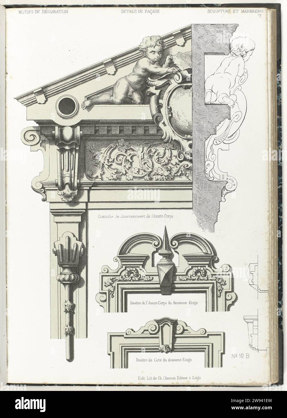 Details of facade, c. 1866 - c. 1900 print Cornice and two windows, all ...