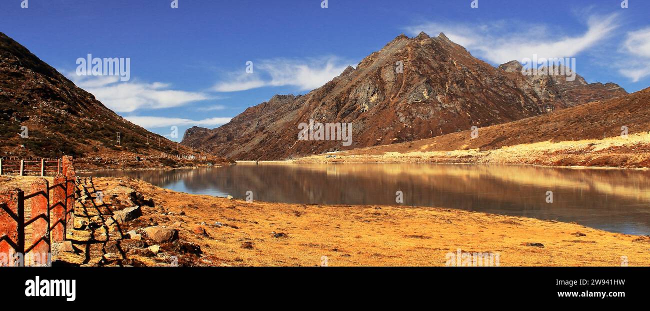 beautiful sela lake and scenic alpine valley surrounded by himalaya ...
