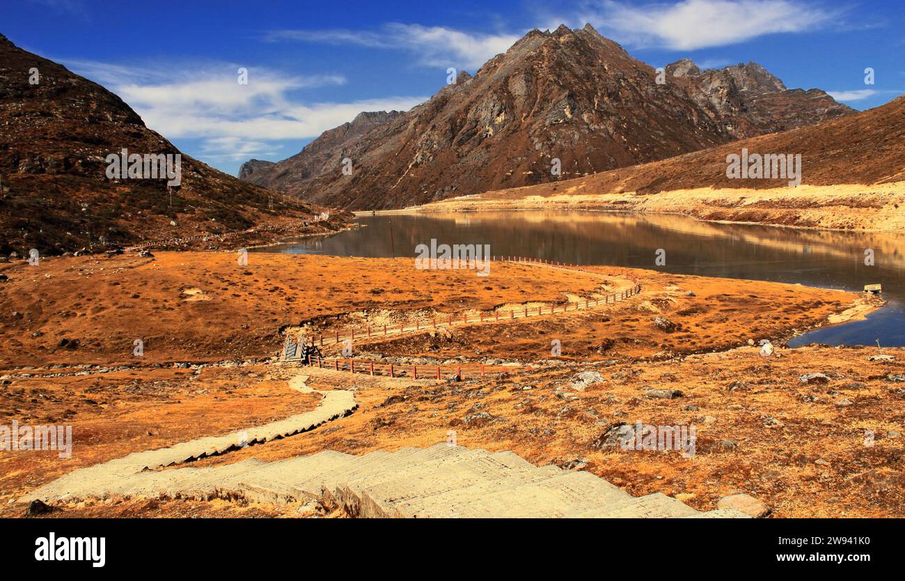 beautiful sela lake and scenic alpine valley surrounded by himalaya ...