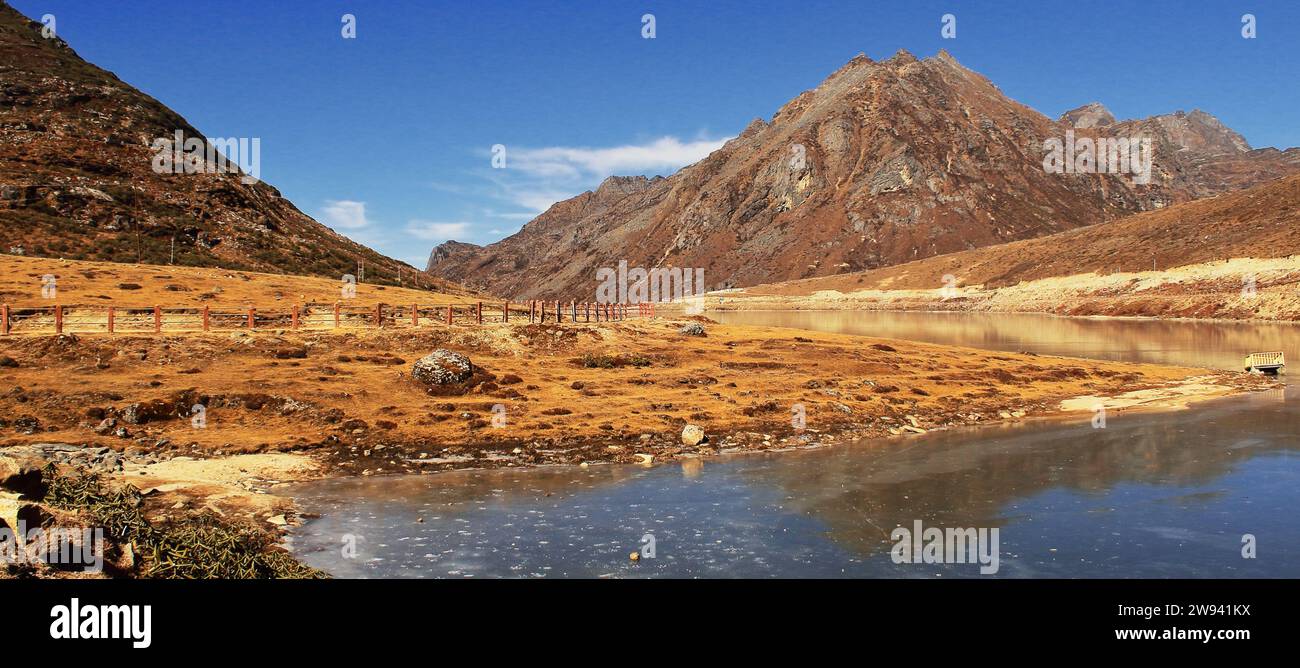 beautiful sela lake and scenic alpine valley surrounded by himalaya ...