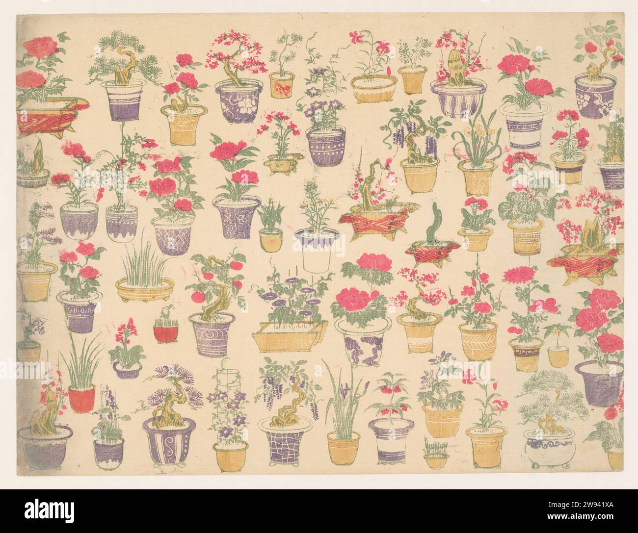 Pattern of pots with different plants, Anonymous, 1860 - 1930 decorated ...