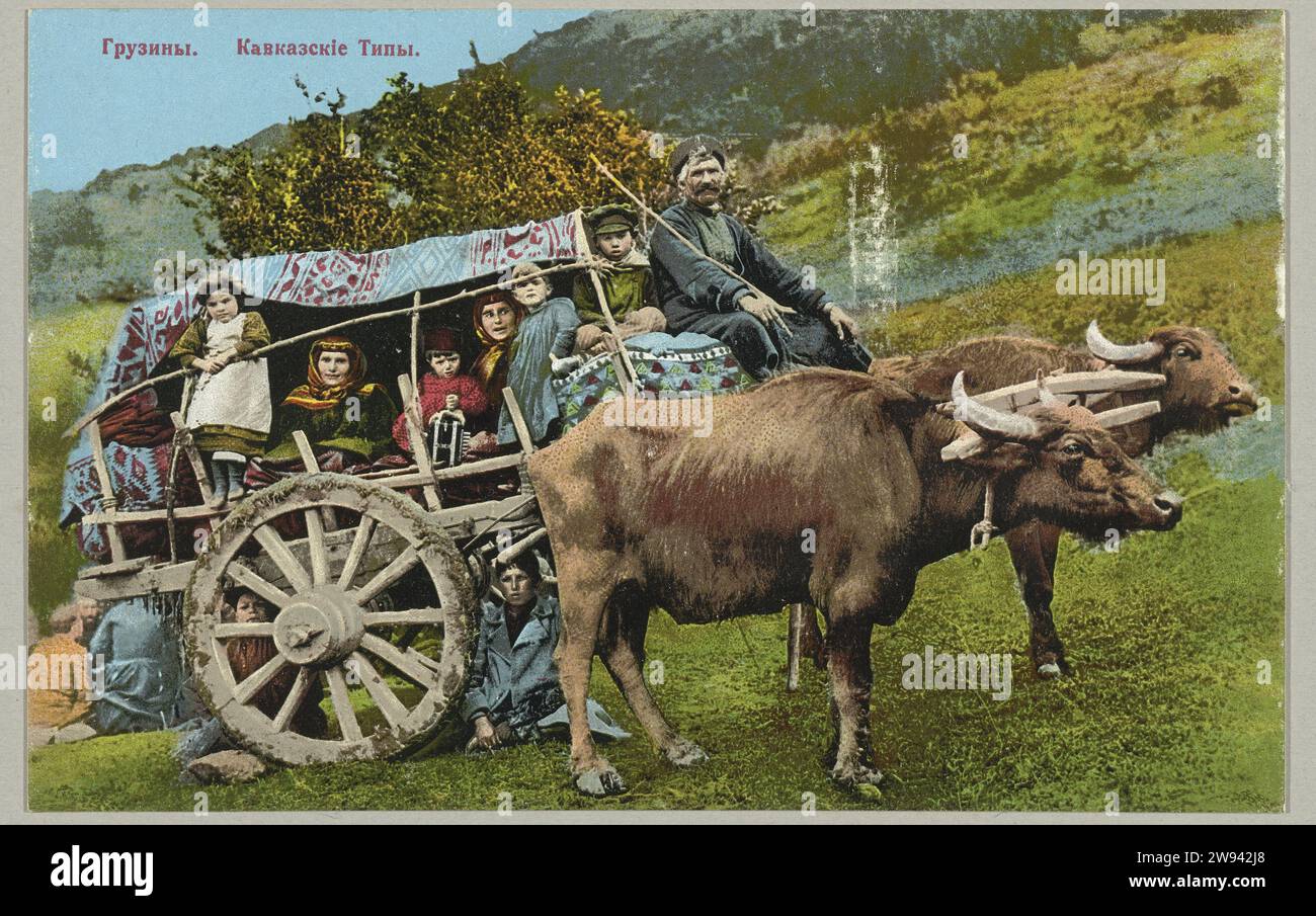 Cart with people pulled by two oxen, c. 1895 - c. 1915 photograph Cart ...