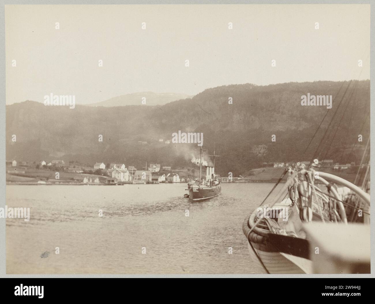 Ship Hohenzollern sails in a harbor, 1889 photograph Norway paper ...