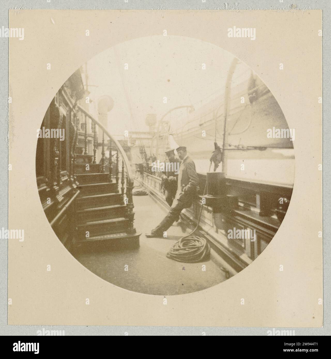 Two men in conversation at the railing of a ship, 1889 photograph ...