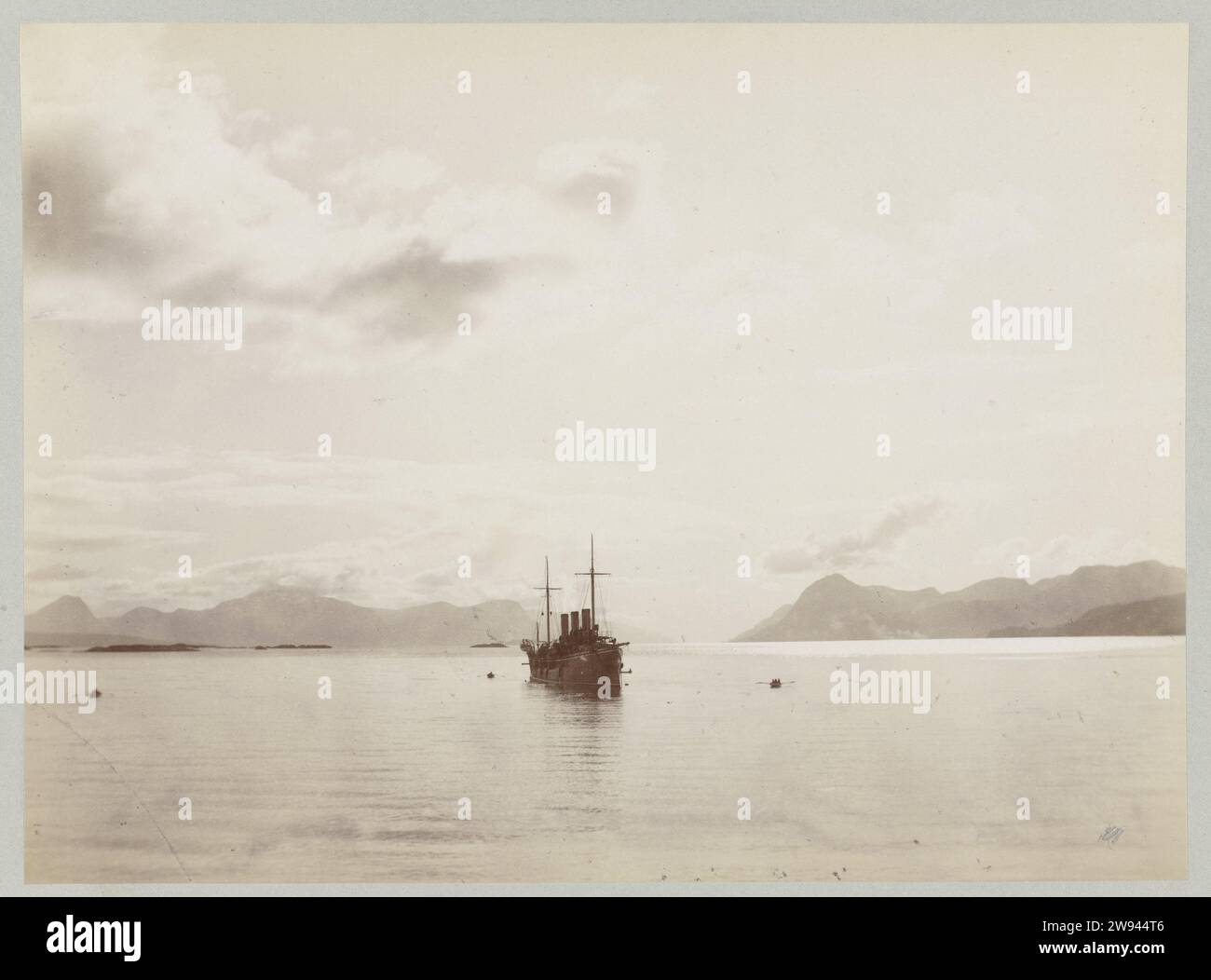 Ship in a bay in Norway with near a number of rowing boats, 1889 ...