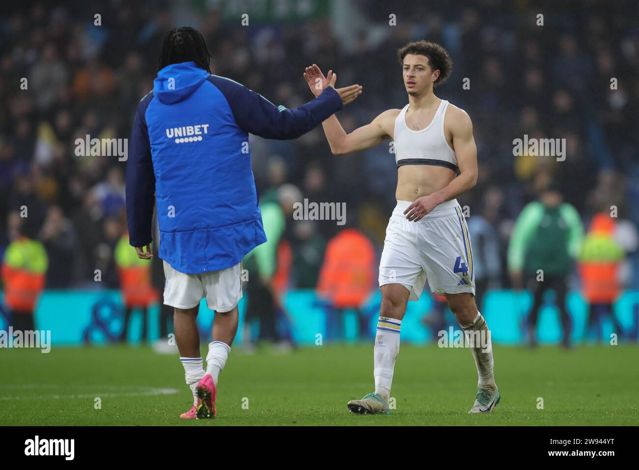 Leeds, UK. 23rd Dec, 2023. Ethan Ampadu #4 of Leeds United shakes hands ...