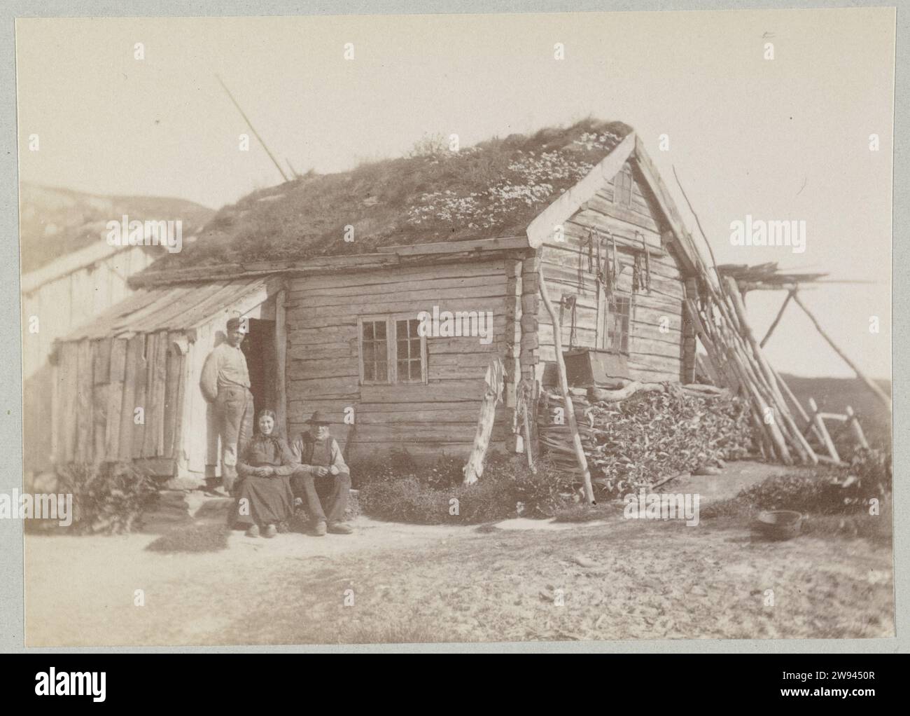 Family for their wooden house with roof vegetation, 1889 photograph ...
