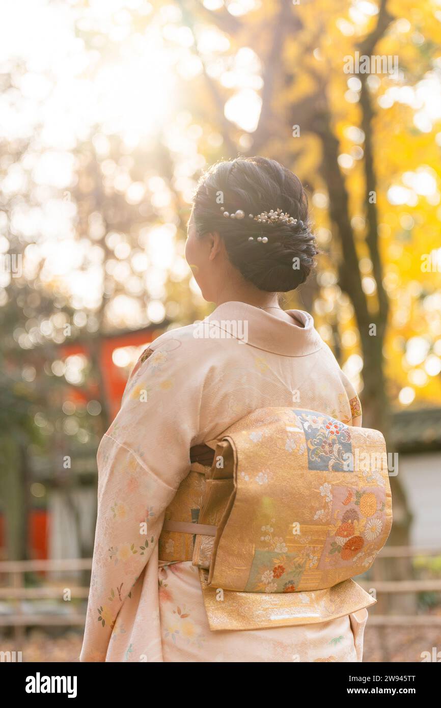 Back view a woman wearing Japanese traditional kimono. Kyoto in autumn ...