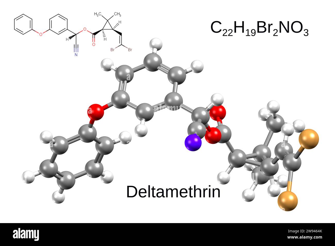 Chemical formula, skeletal formula, and 3D ball-and-stick model of insecticide deltametrin ...