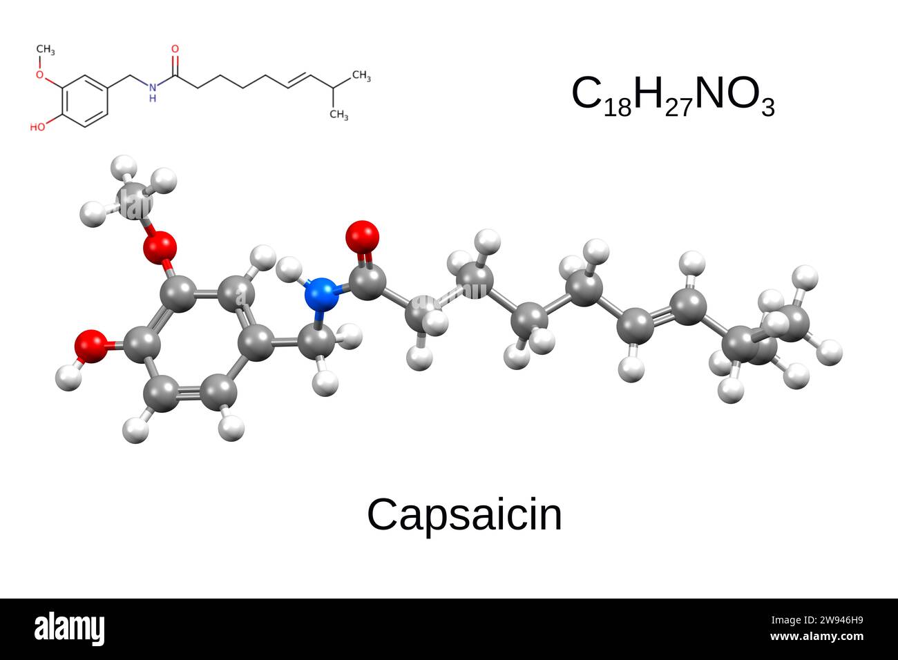 Chemical formula, skeletal formula and 3D ball-and-stick model of capsaicin, an active component ...