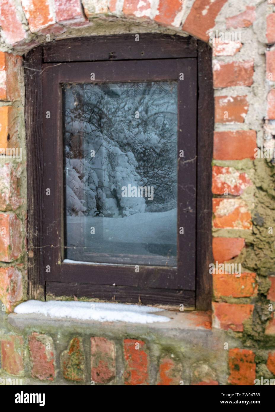 brick basement wall, window reflecting the winter view, old window in ...