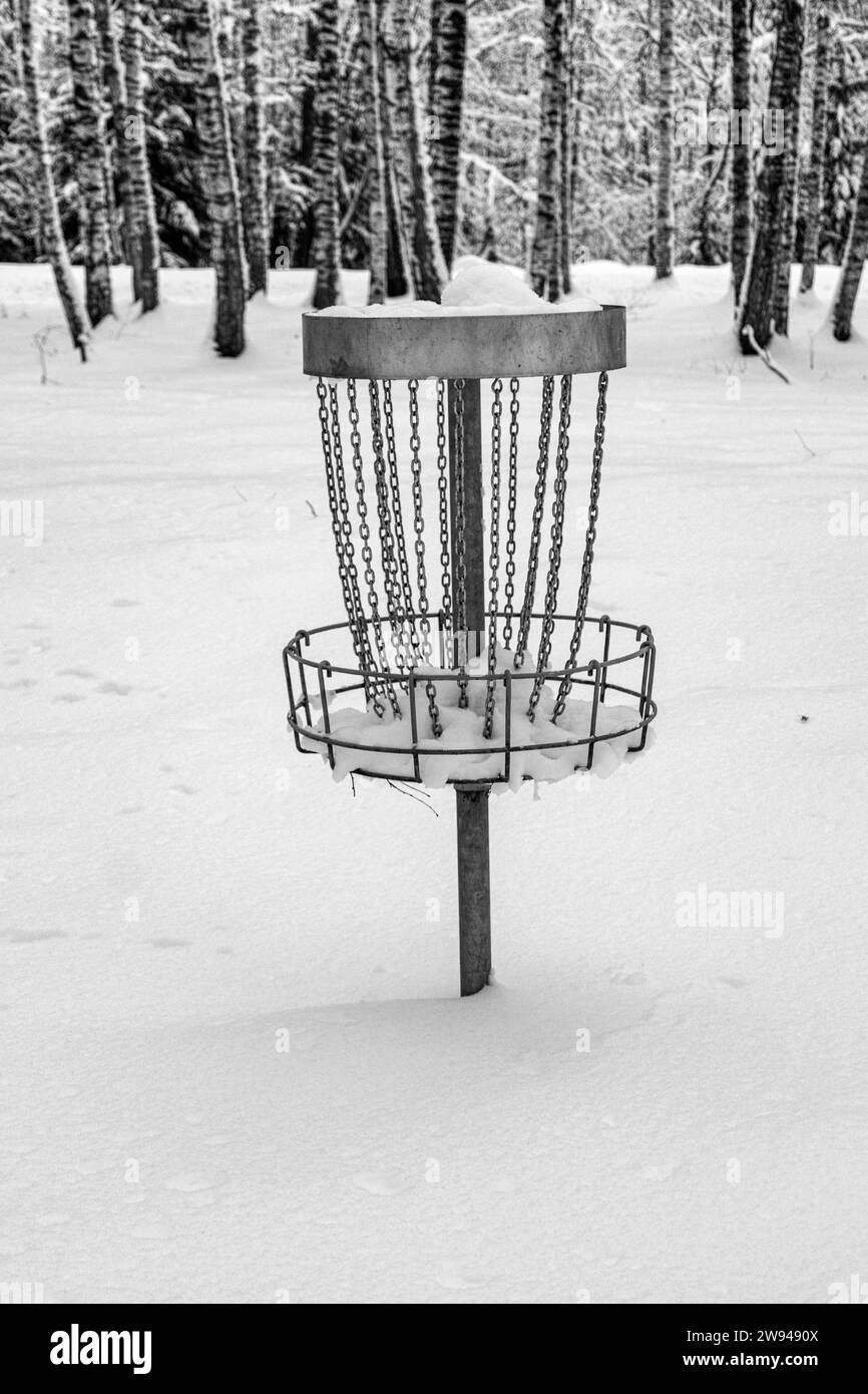 disc golf park, snow covered trees and tree branches, winter day, snow ...