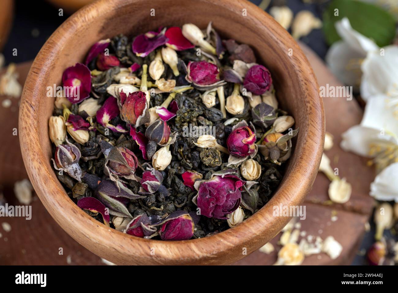 dried rose flowers to dried tea leaves, ready for making green tea ...