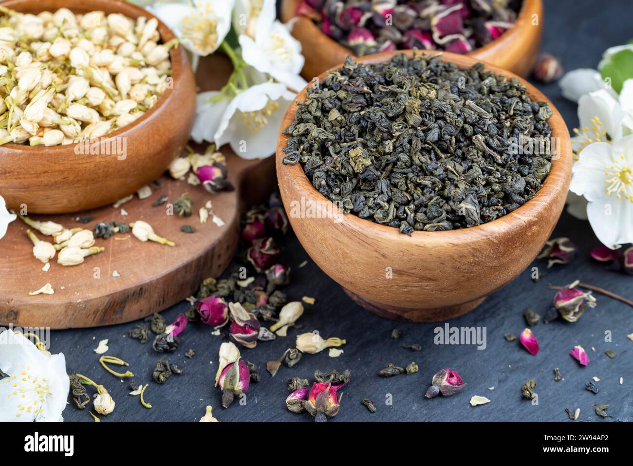 dried rose flowers to dried tea leaves, ready for making green tea ...