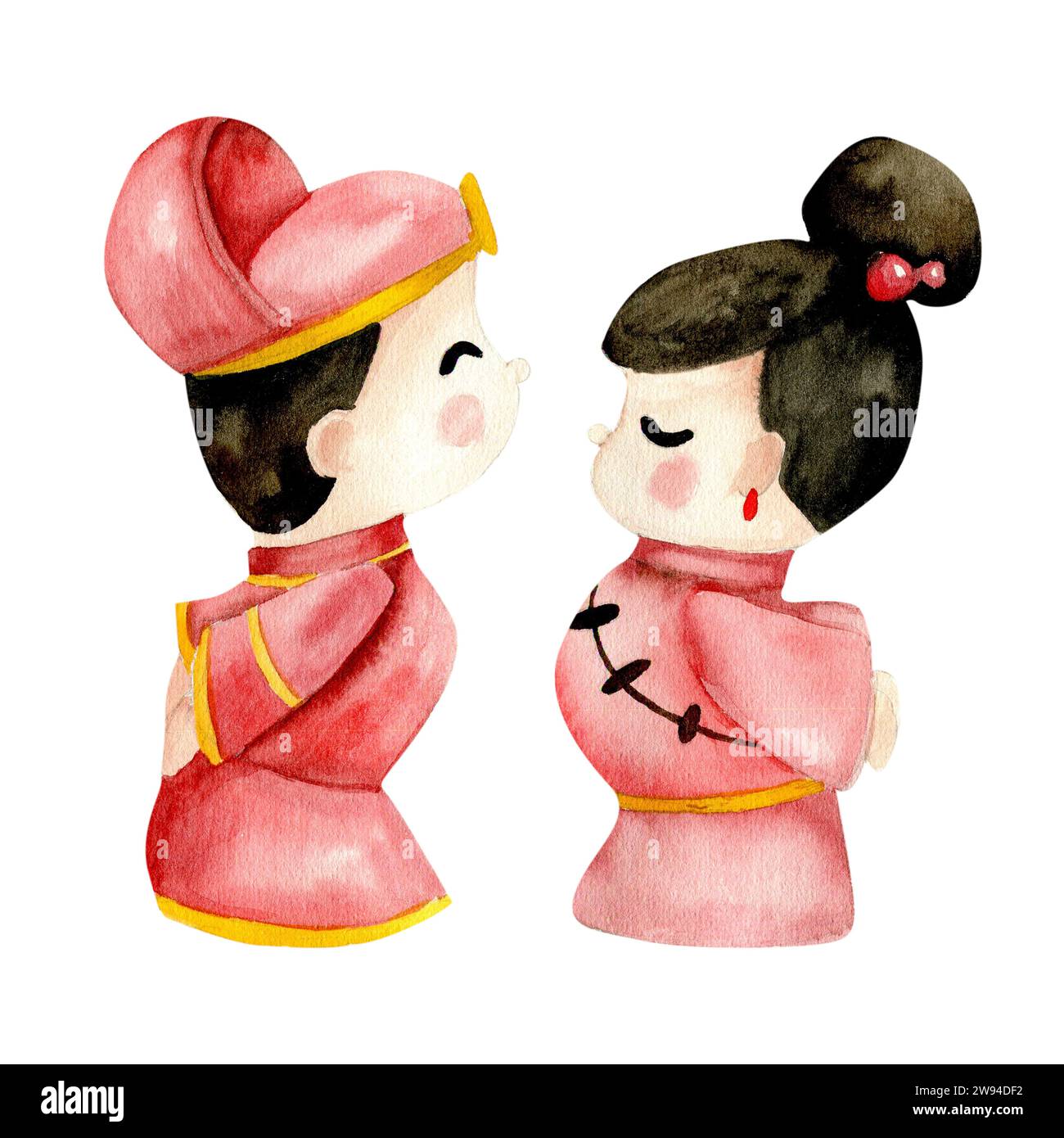 Watercolor asian bride and groom traditional statues in red dresses ...