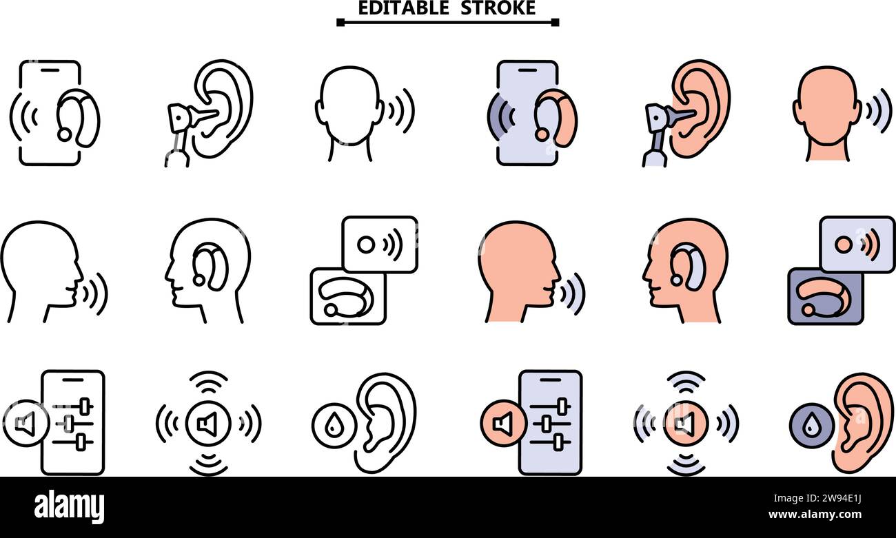 Hearing Aid Collection Icons Set. Editable stroke. Hear Music Earphones ...