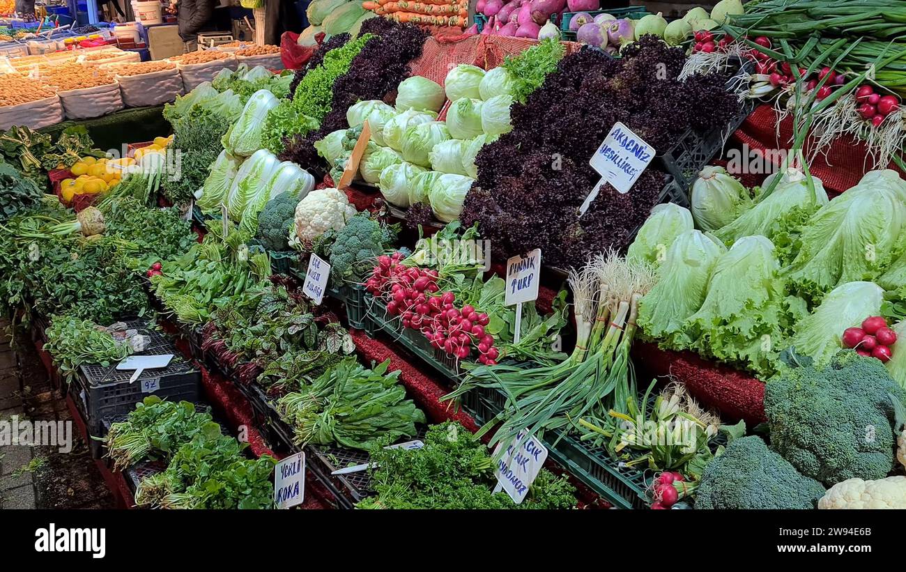Display of organically grown fruits and vegetables, artfully presented ...